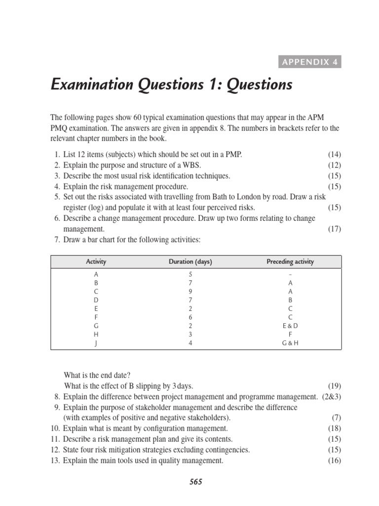 Appendix 4 - Examination Questions 1 - 2017 - Project Management Planning and | PDF | Life Cycle ...
