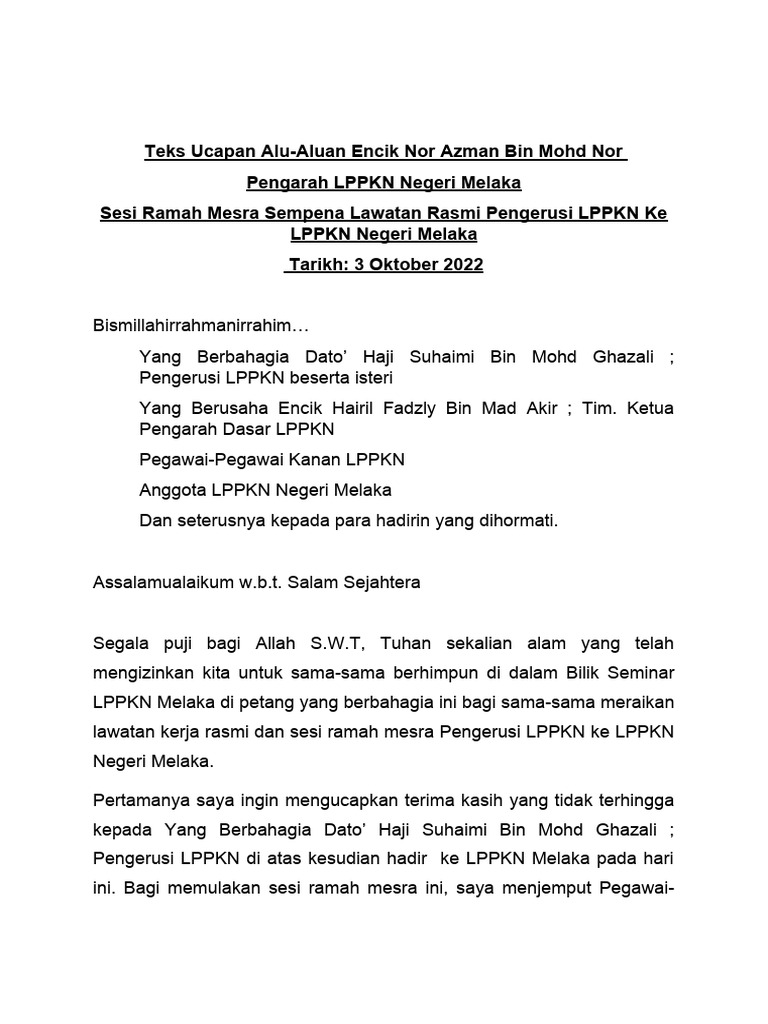 Contoh Teks Ucapan Aluan Encik Nor Azman 3 Okt 2022 | PDF