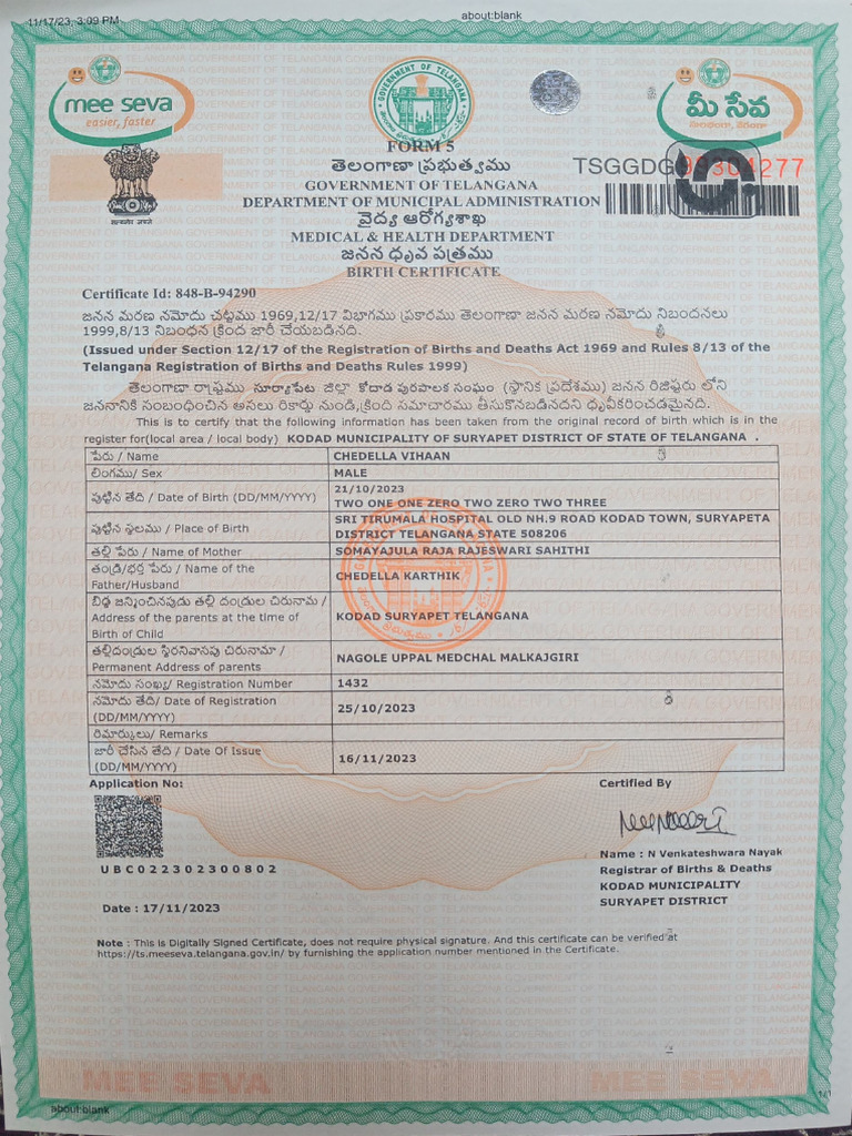 Vihaan Birth | PDF | Public Administration | Government Of India