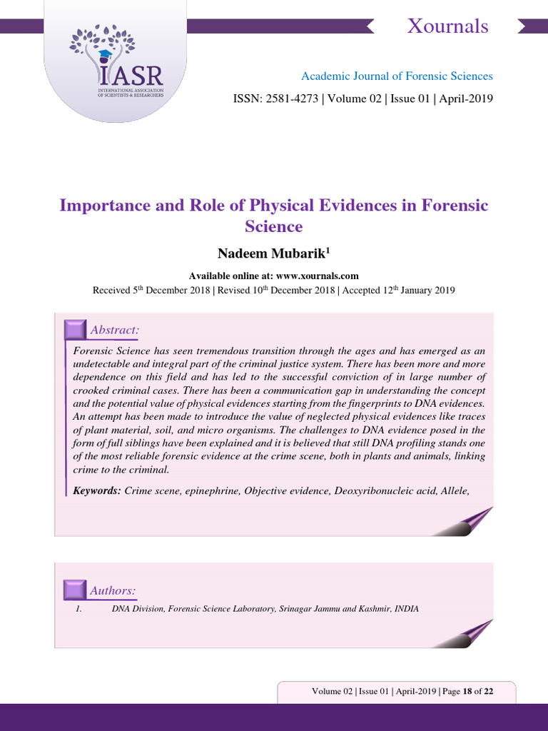 Importance And Role Of Physical Evidence Pdf Crime Scene Forensic