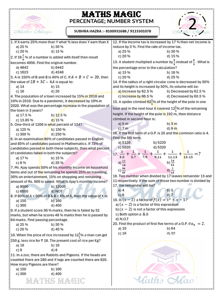 Math Problems on Percentages and Ratios | PDF | Percentage | Money