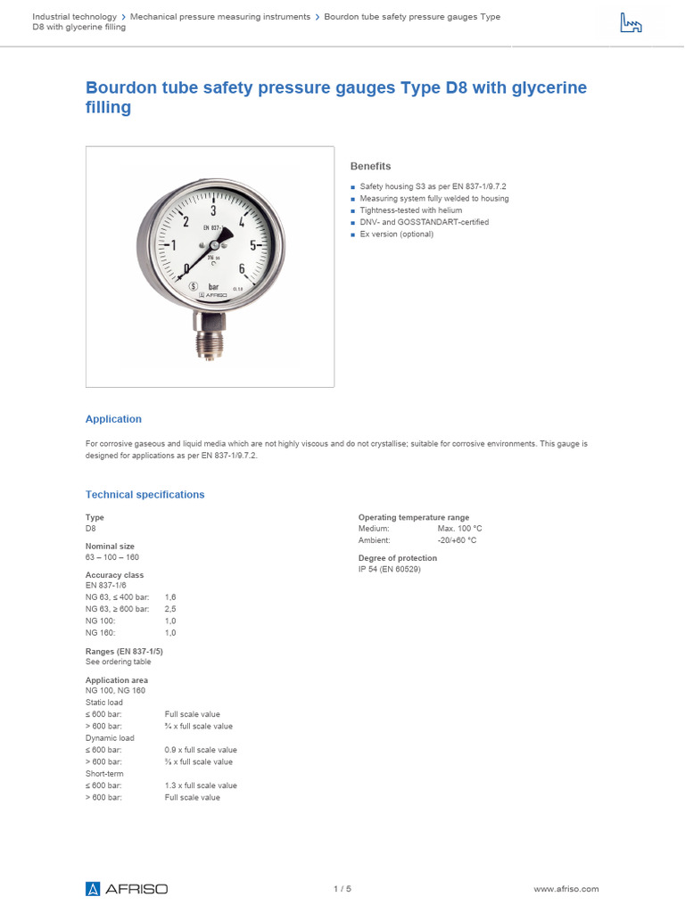 Bourdon Tube Safety Pressure Gauges Type D8 With Glycerine Filling DB ...