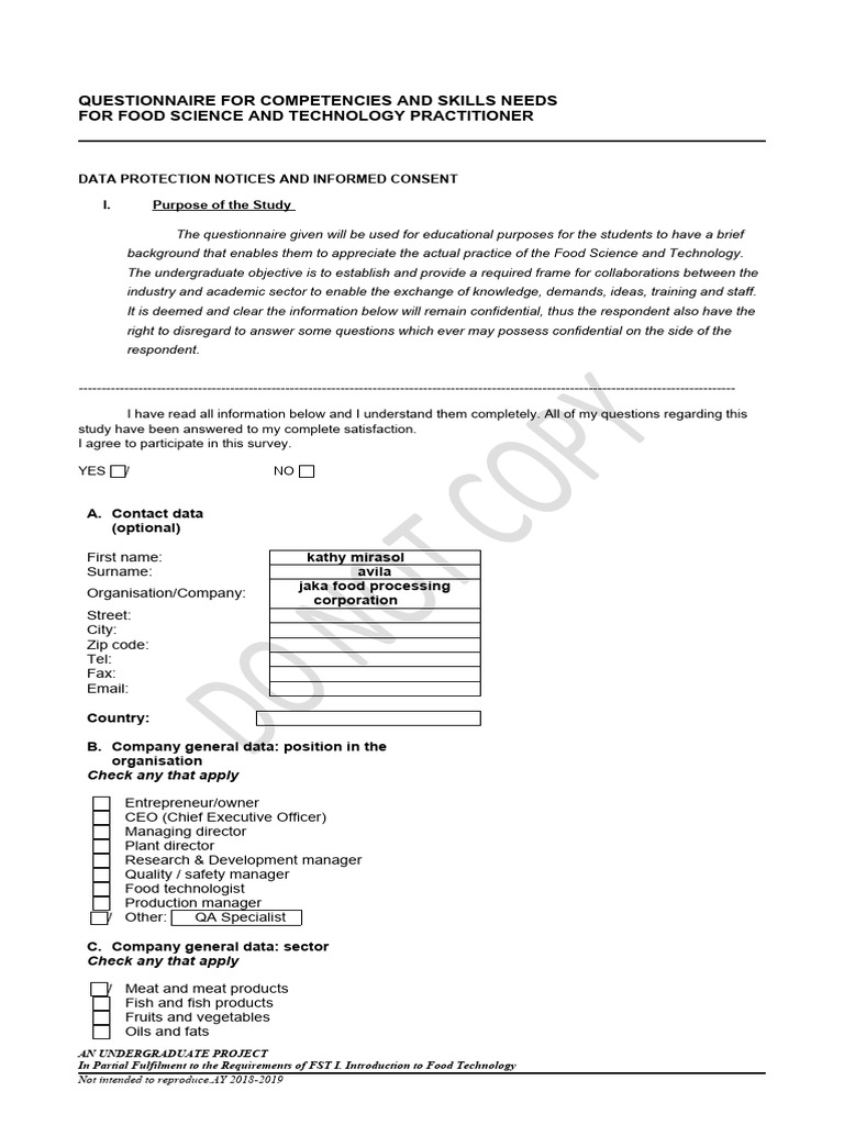 QUESTIONNAIRE For Professional Food Tech Professionals | PDF | Food ...