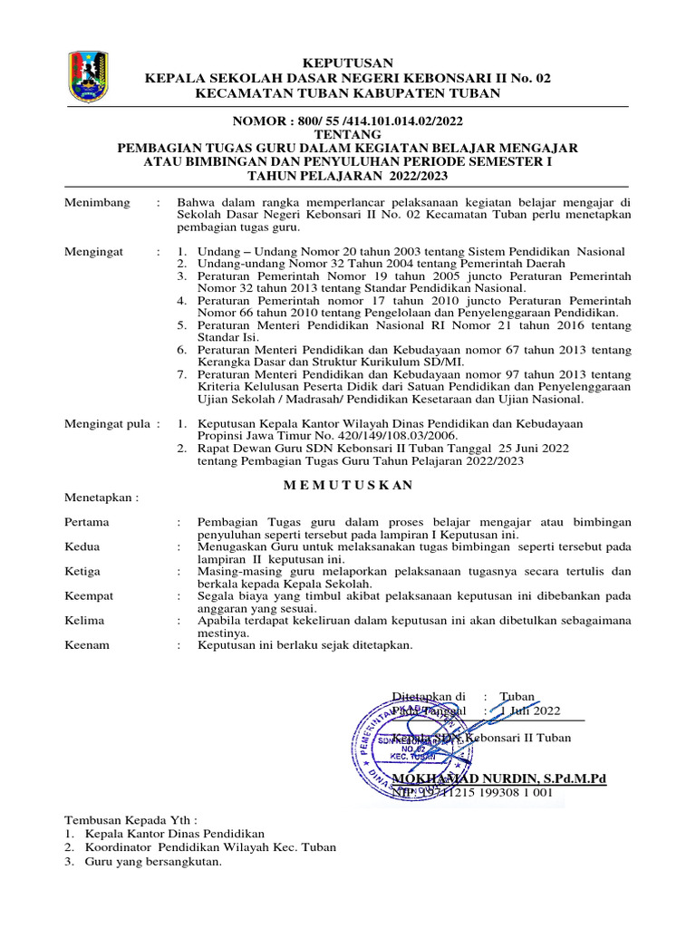 SK Pemb. Tugas KBM Smt. I 2022 - 2023 | PDF