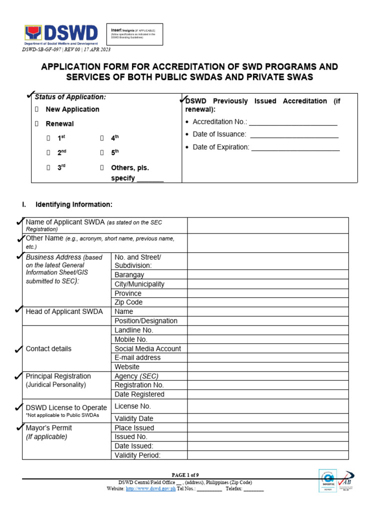 DSWD SB GF 097 - Rev 00 - Application Form For Accreditation of SWD ...