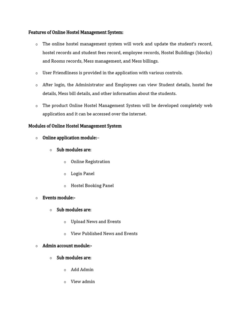 Features Of Online Hostel Management System Pdf Php Ajax Programming 