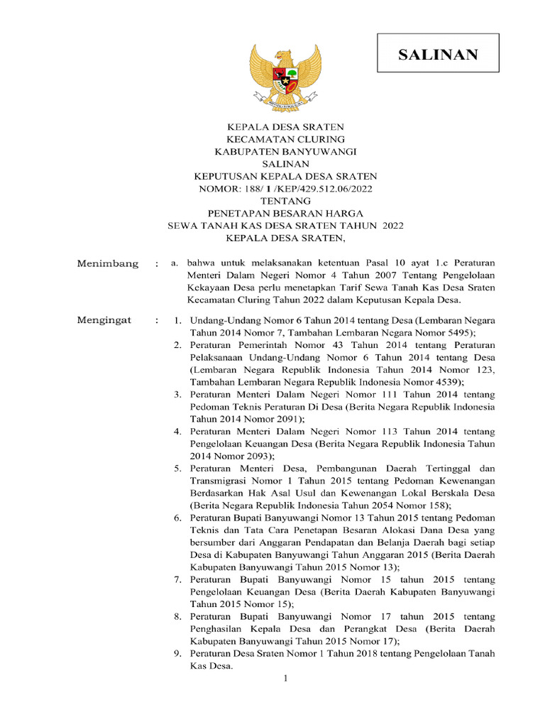 SK Kades Sraten Tentang Besaran Sewa TKD Tahun 2022 | PDF