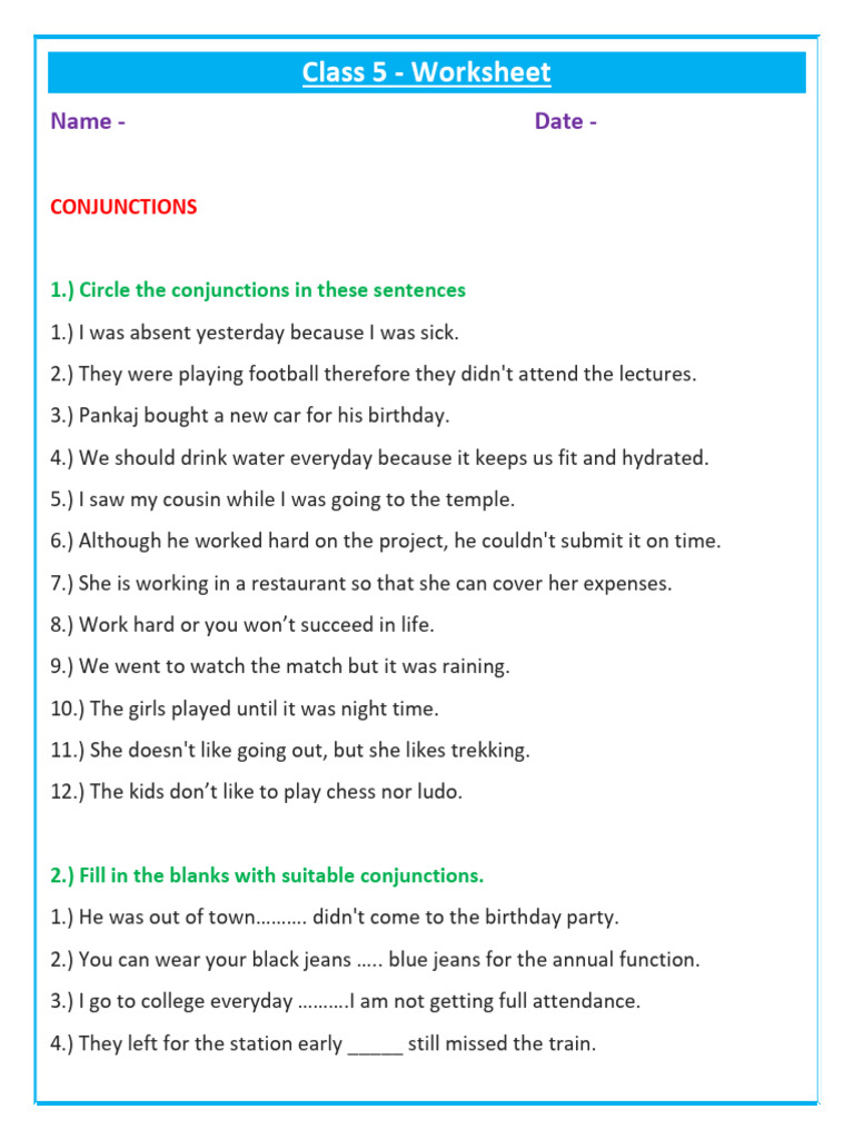Class 5 Conjunctions Worksheet | PDF