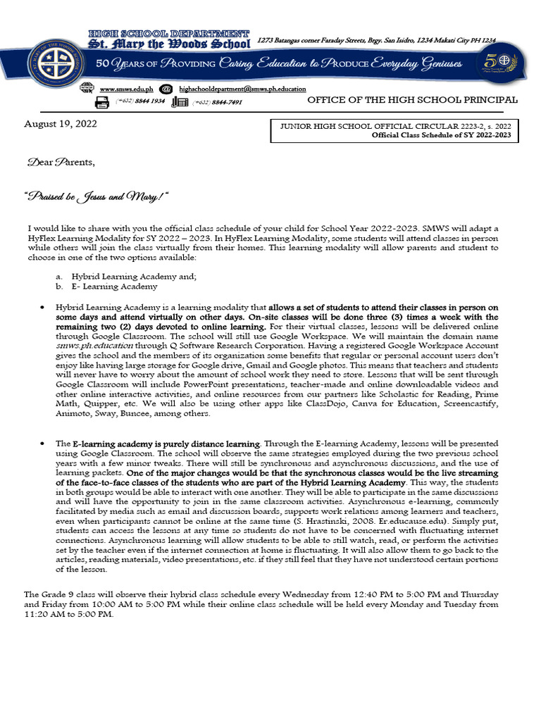 JHS-Circular-2223_2-Official-Class-Schedule-Grade-9 (1) | PDF ...