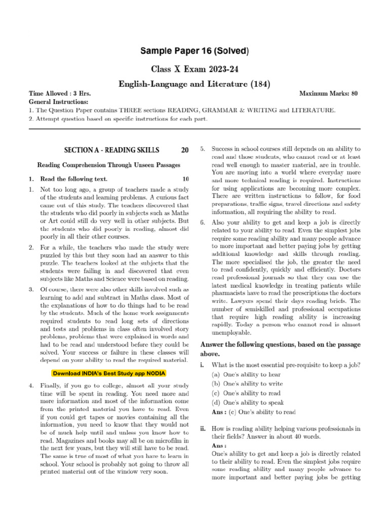 SSLC Karnata State Board Model Question Papers 1 | PDF