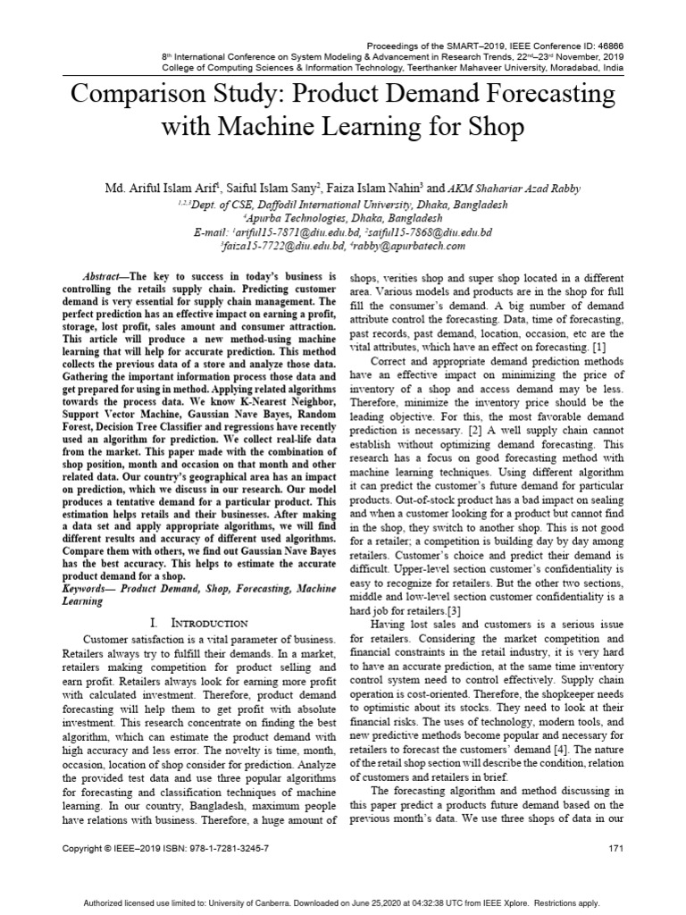 Comparison Study: Product Demand Forecasting With Machine Learning For Shop | PDF | Forecasting ...