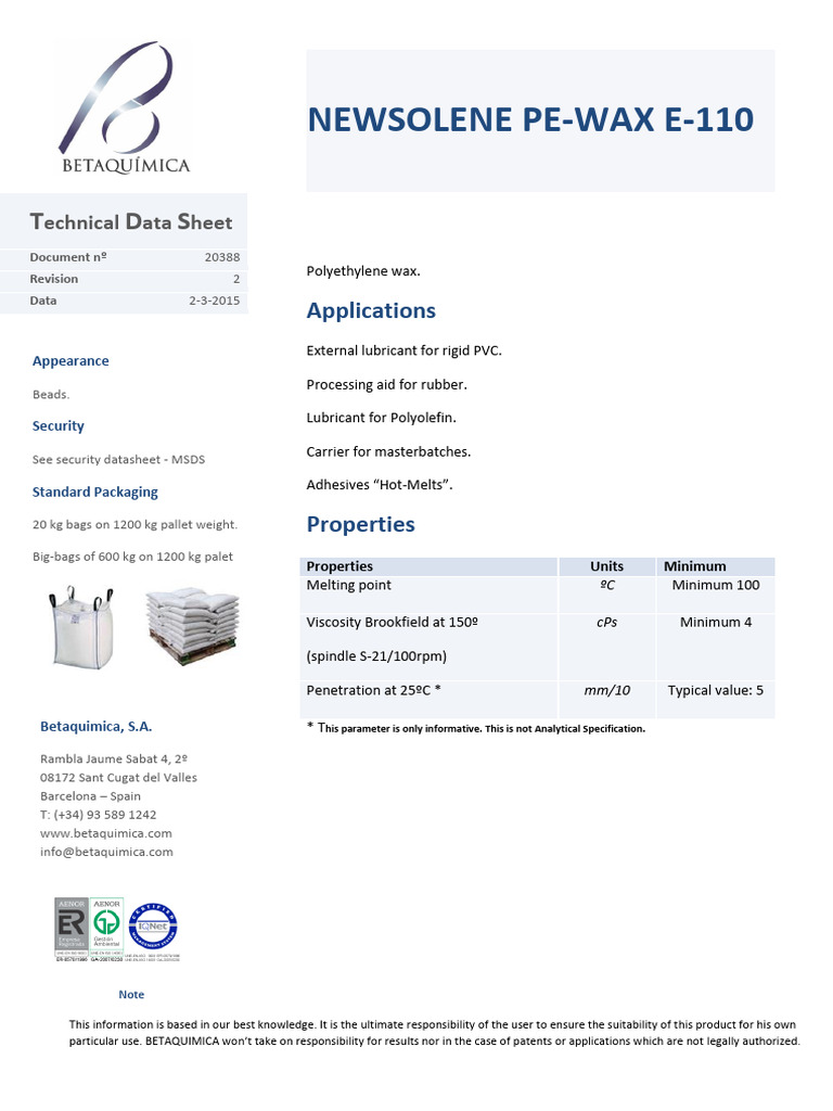 Epolene Wax Technical Data Sheet | PDF