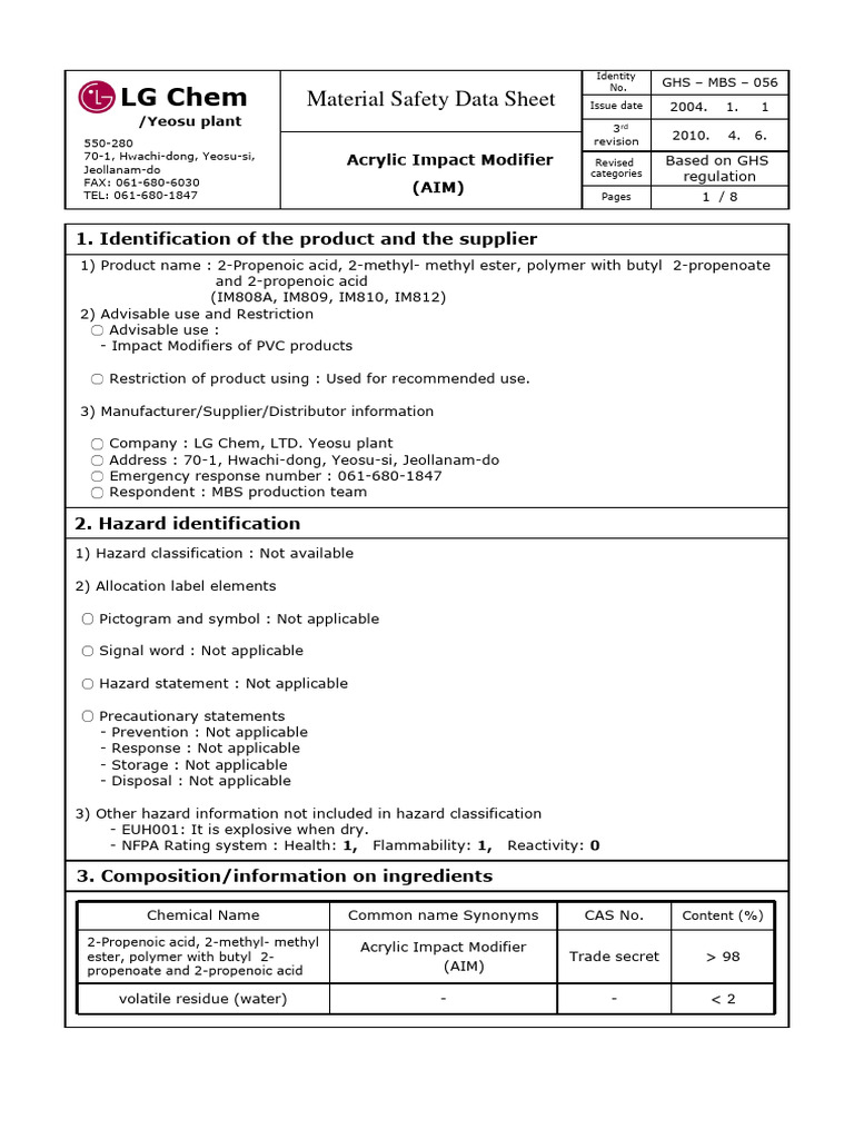 Impact MSDS - AIM 812 | PDF | Working Conditions | Physical Sciences