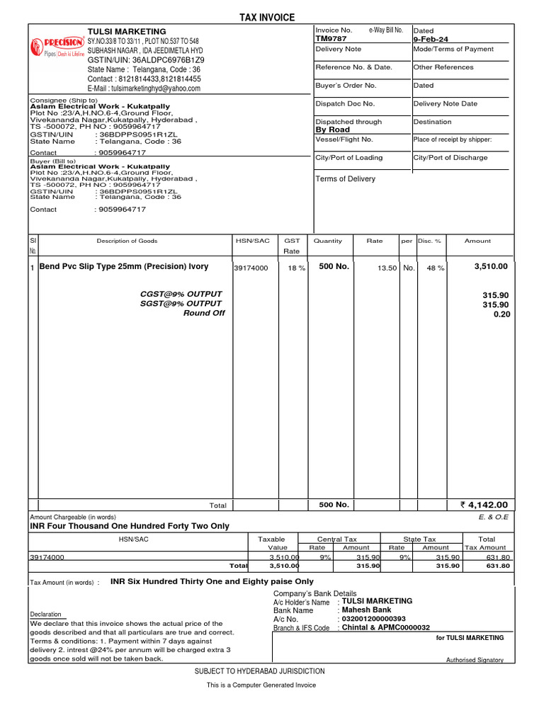 Precison Pipes Quotation | PDF | Invoice | Taxes