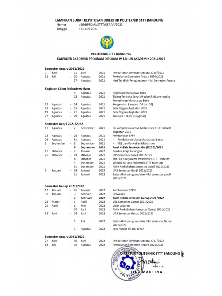SK. 96 Kalender Akademik Diploma IV T.A. 2021 20221 | PDF