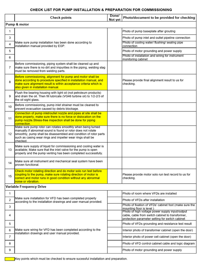 Pump Installation Checklist | PDF | Pump | Electric Motor