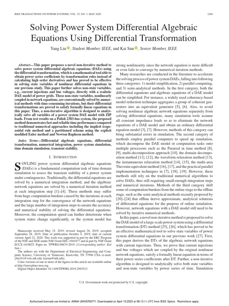Solving Power System Differential Algebraic Equations Using Differential Transformation | PDF ...