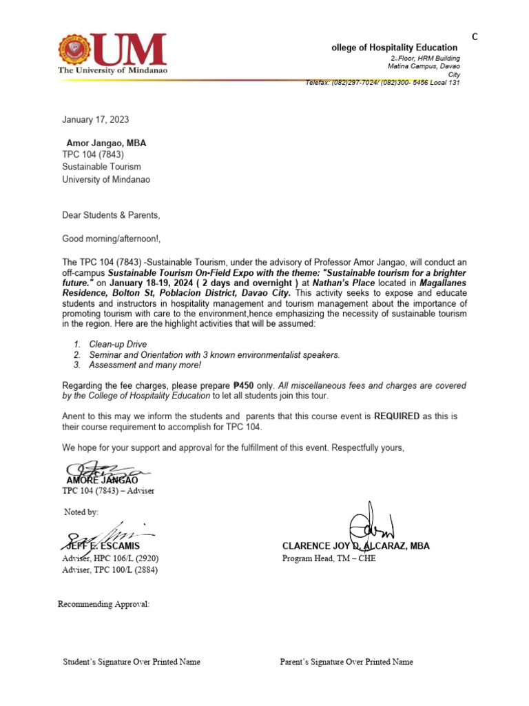 CHE Educational Tour Excuse Letter With CHED 1 | PDF | Service Industries