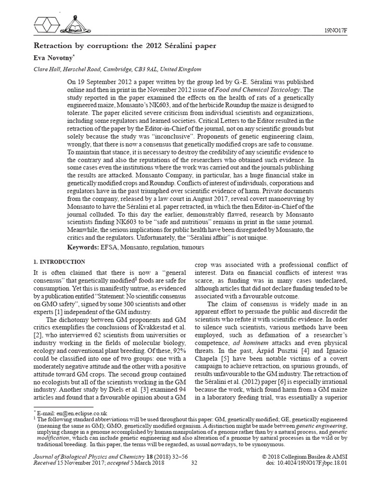 Novotny JBPC 2018 On Seralini FCT Retraction | PDF | Genetically ...