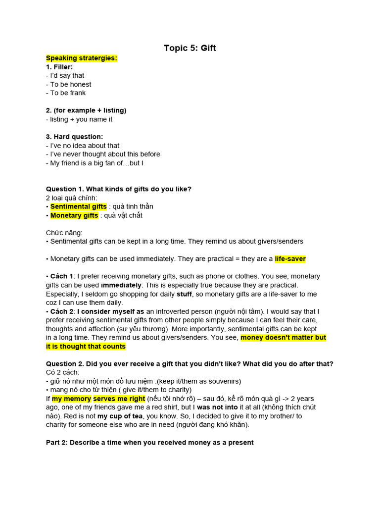 Bu I 13 - Speaking Topic 5 - Gift | PDF | Vietnam