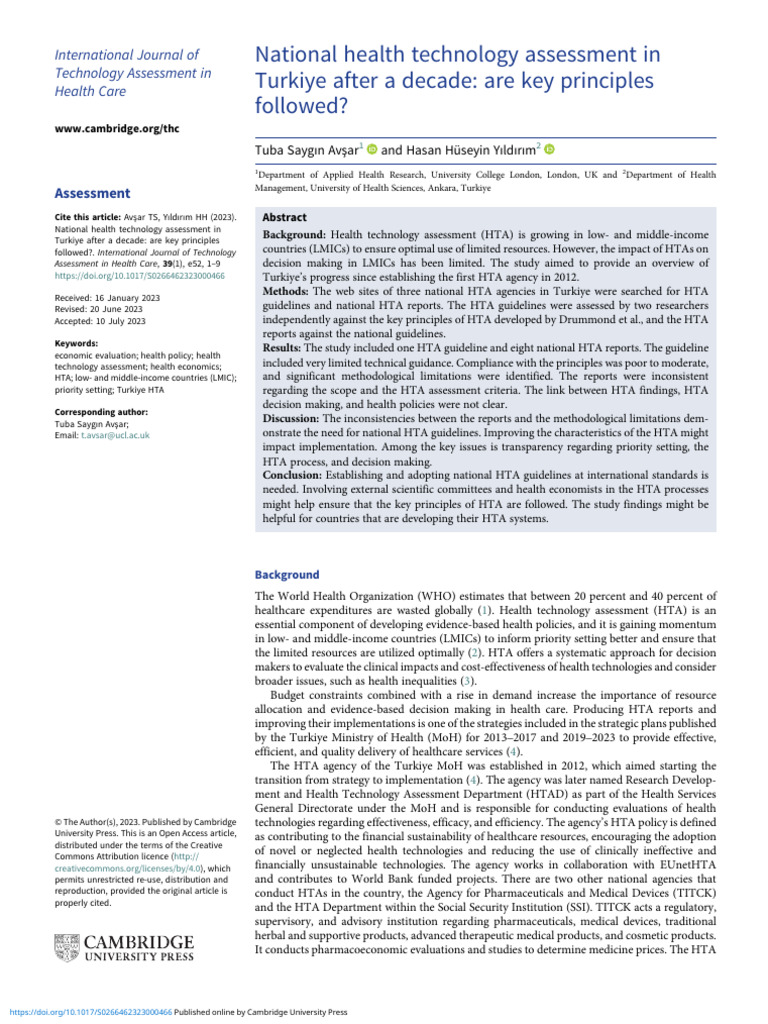 National Health Technology Assessment in Turkiye After A Decade Are Key Principles Followed ...