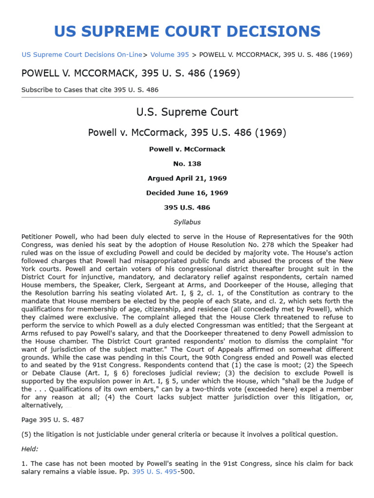 Powell v. Mccormack, 395 U. S. 486 (1969) | PDF | Government | Federal ...
