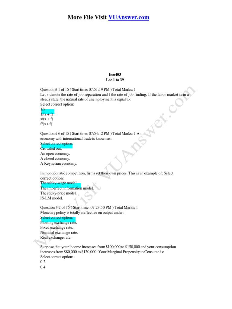 Economics Quiz Questions and Answers | PDF | Cost Of Living | Inflation