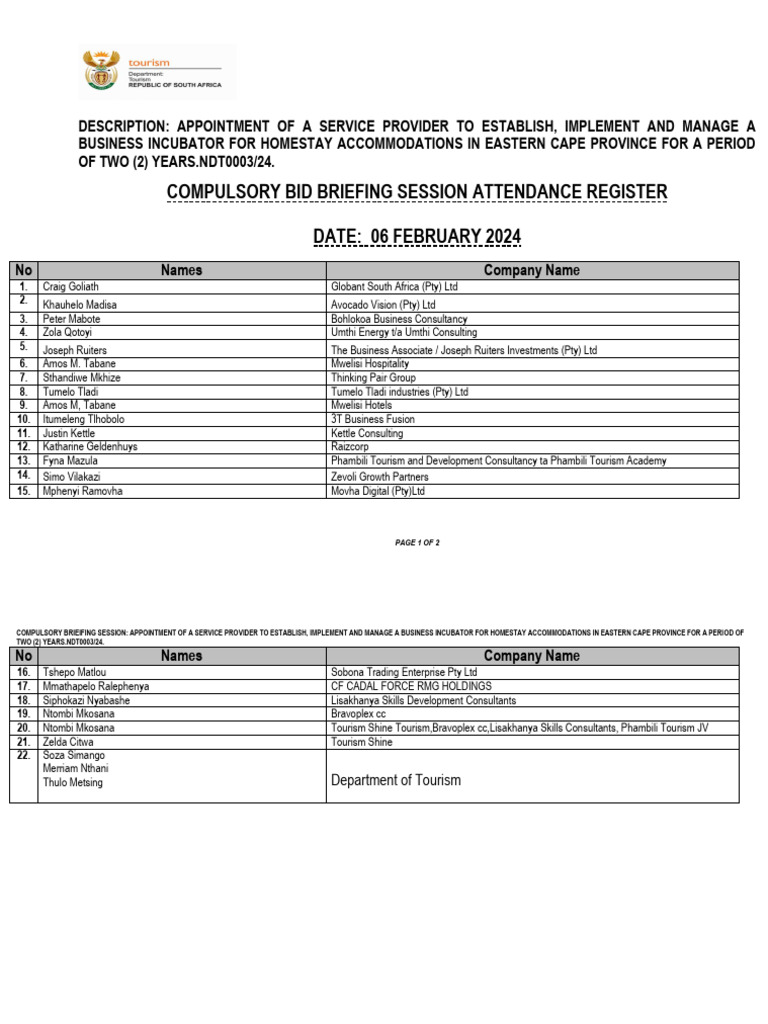 Tender Briefing Attendance 2024 | PDF