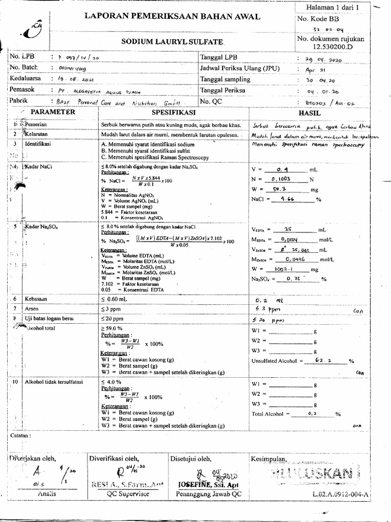 LPB COA Sodium Lauryl Sulfate BT 0203 | PDF