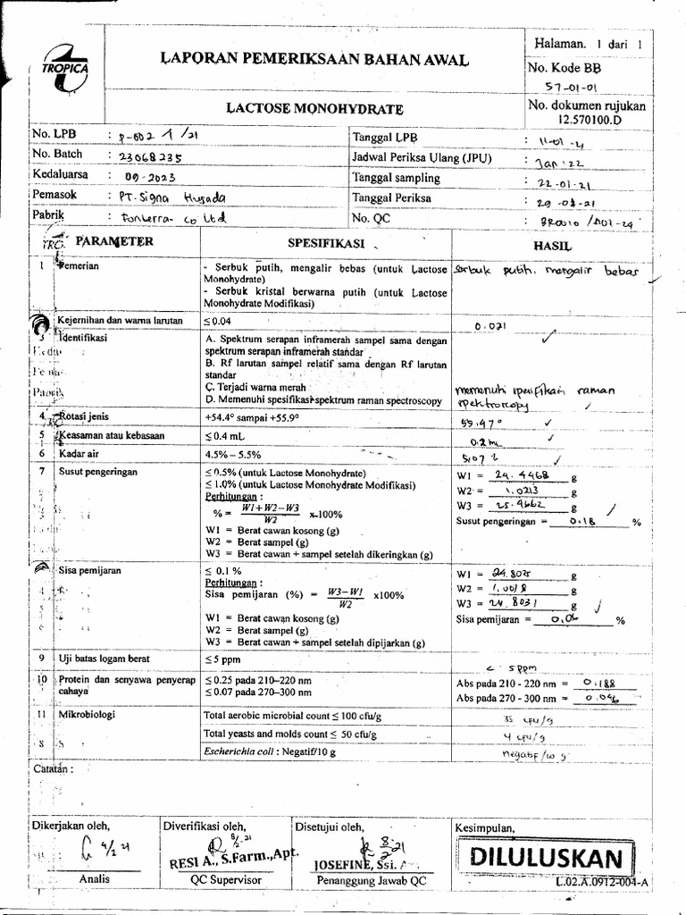 LPB COA Lactose Monohydrate BR 0010 | PDF