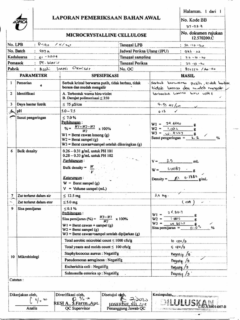 LPB COA Microcrystalline Cellulose BT 0352 | PDF