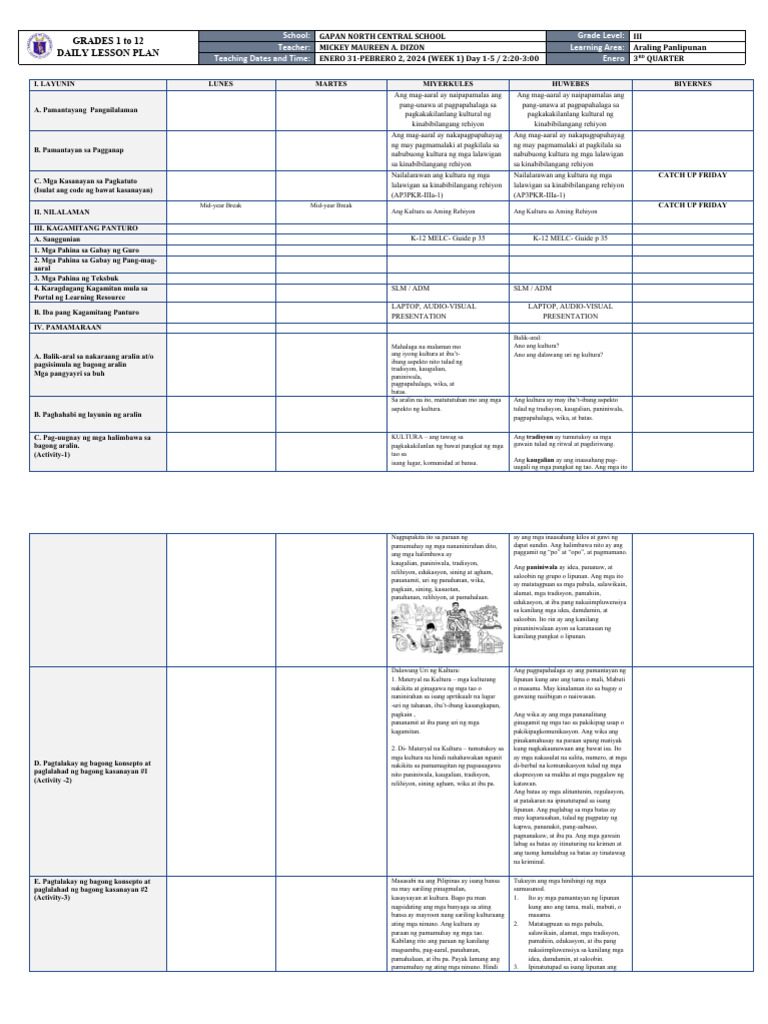 Grades 1 To 12 Daily Lesson Plan School Grade Level Teacher