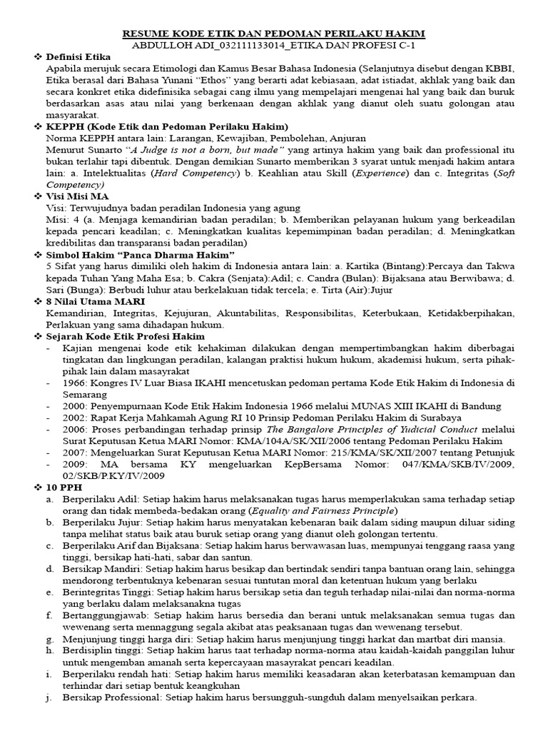 Resume Kode Etik Dan Pedoman Perilaku Hakim | PDF | Hukum