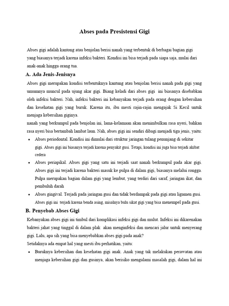 Abses Pada Presistensi Gigi: A. Ada Jenis-Jenisnya | PDF | Kesehatan ...