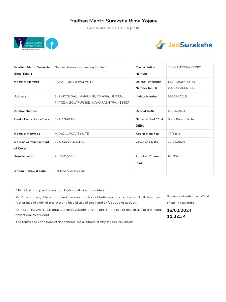 COIJansuraksha - JNS PMSBY 23 24 00034160337 149 - PMSBY | PDF