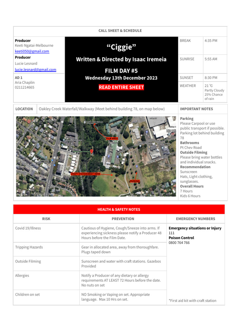 Film Call Sheet for "Ciggie" Production | PDF | Safety | Medical ...