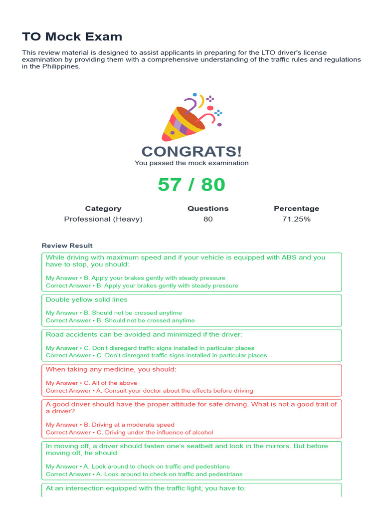 LTO Review - Mock Exam LEGAL | PDF | Traffic | Traffic Light