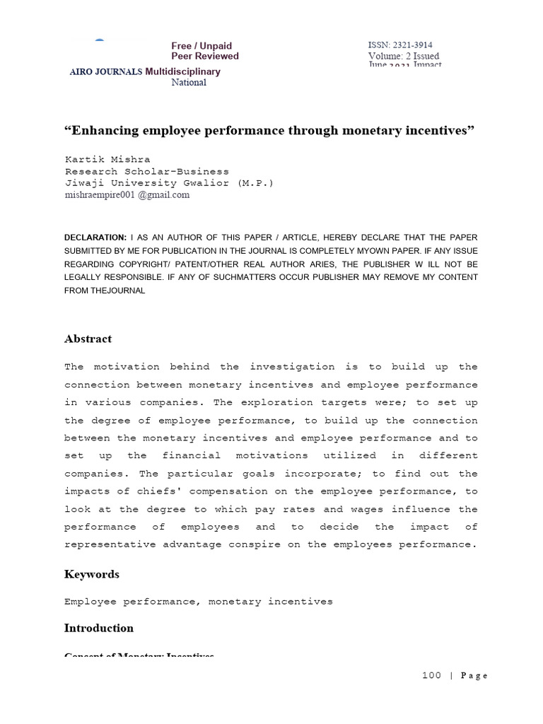 Enhancing Employee Performance Through Monetary Incentives | PDF ...