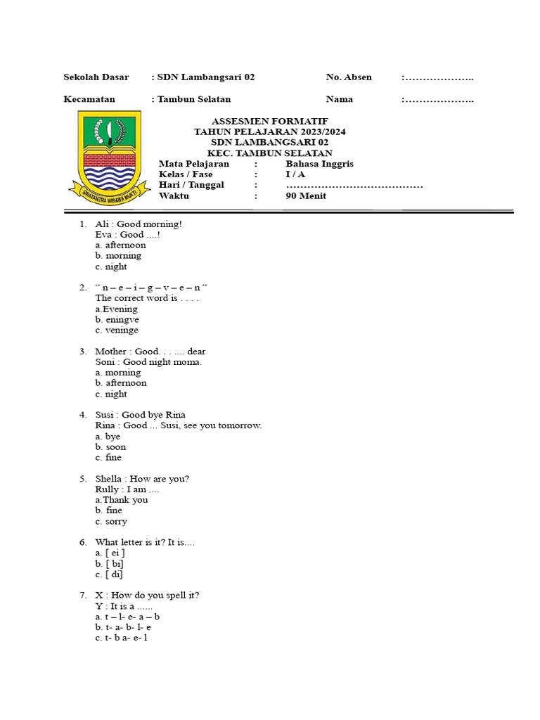 Asesmen Formatif Bahasa Inggris Kelas 1 | PDF | Foreign Language Studies
