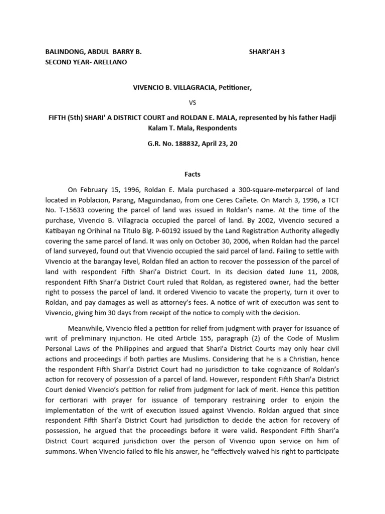 Villagracia Vs Mala | PDF | Jurisdiction | Sharia