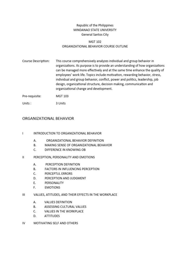 Organizational Behavior Course Outline Final | PDF | Organizational Behavior | Attitude (Psychology)