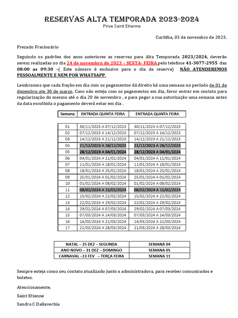 Reservas Alta Temporada 2023-2024 | PDF