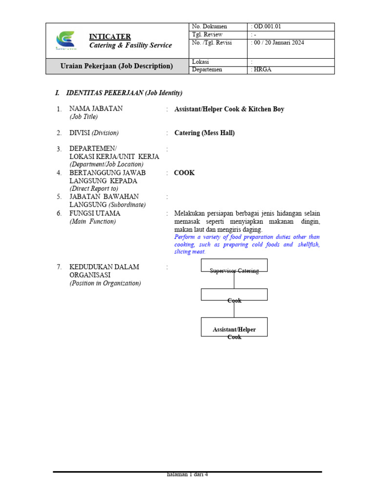 JD Asst-Helper Cook & Kitchen Boy | PDF