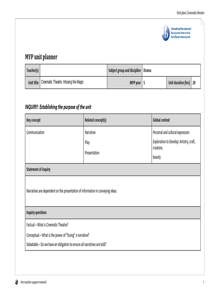 Cinematic Theatre Unit Plan for MYP Drama | PDF | Thought | Knowledge