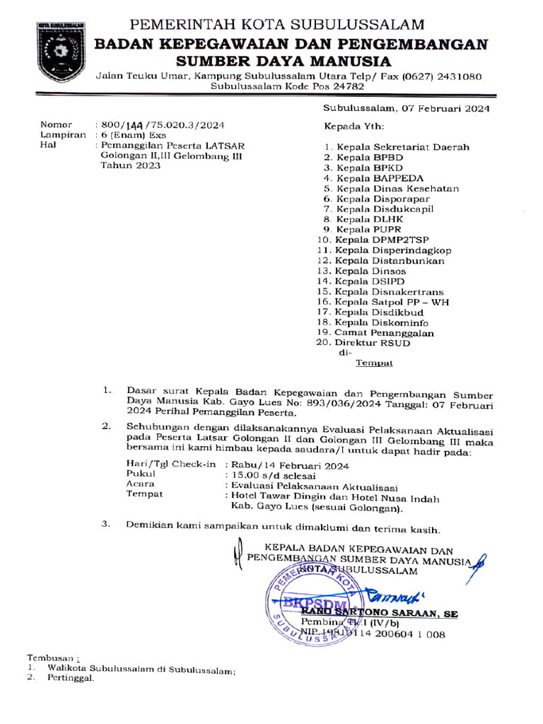 Surat Pemanggilan Peserta Latsar | PDF