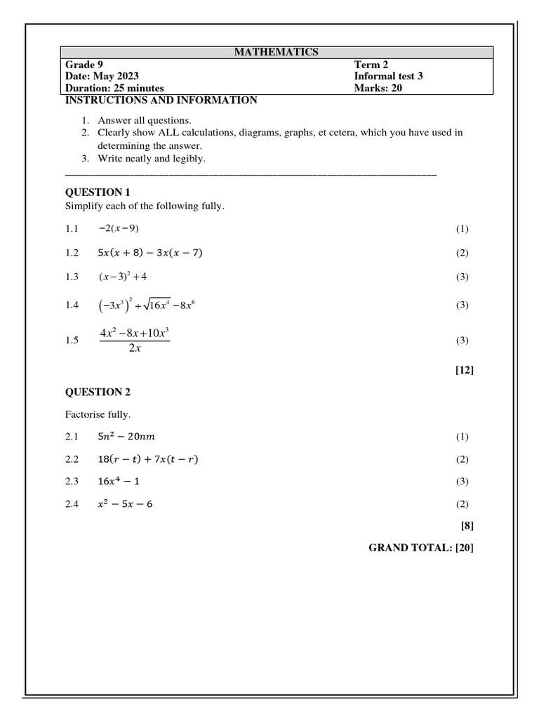 Grade 9 Informal Test 3 | PDF