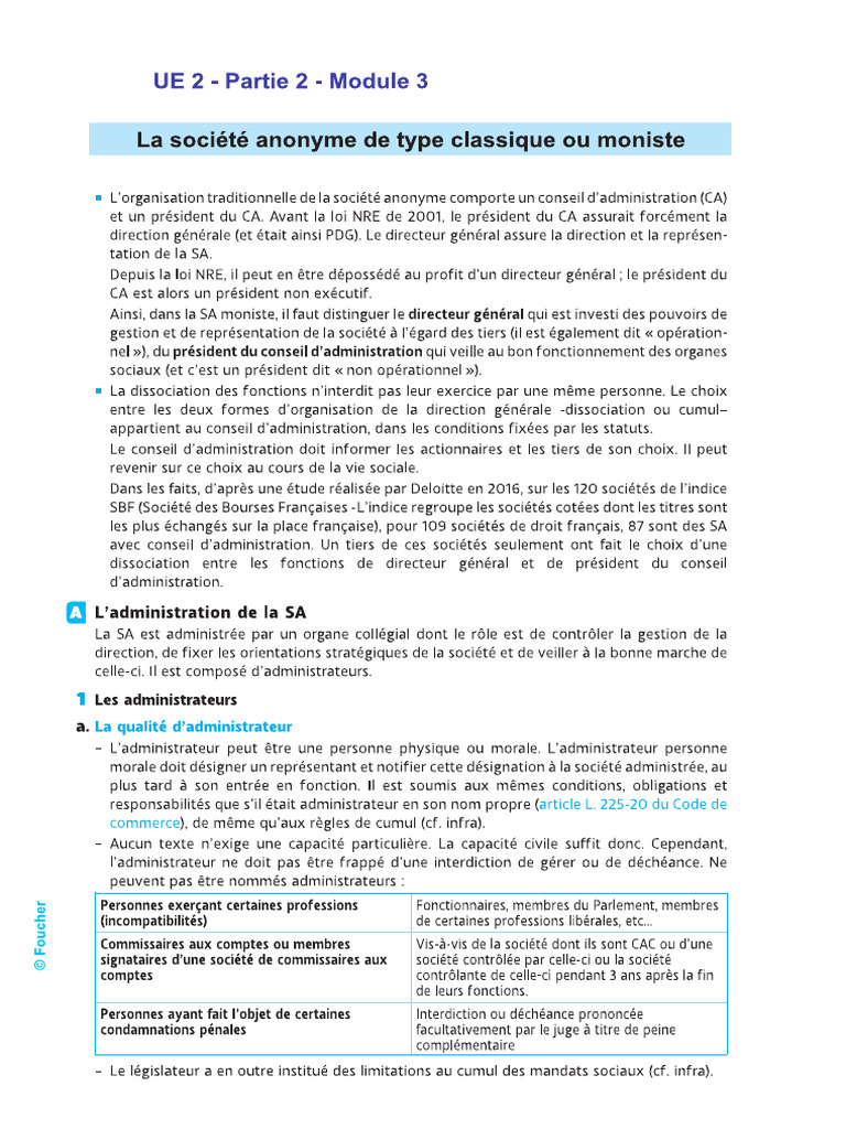 DCG - UE2 Droit Des Sociétés - Foucher - SA Moniste | PDF