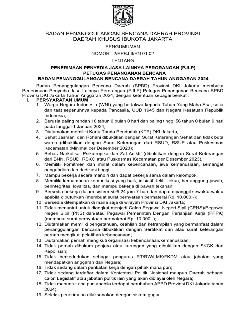 Pengumuman Rekrutmen PJLP 2024 v2 | PDF | Pengelolaan Keuangan & Uang