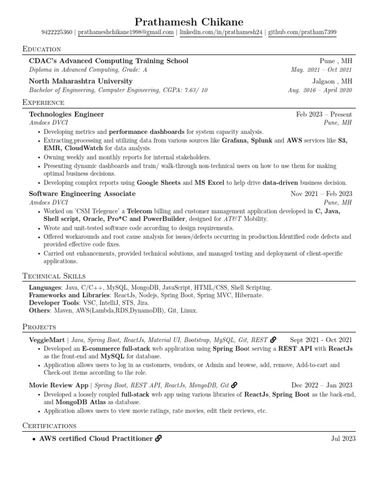 Tech Resume: Prathamesh Chikane | PDF | Spring Framework | Application Software