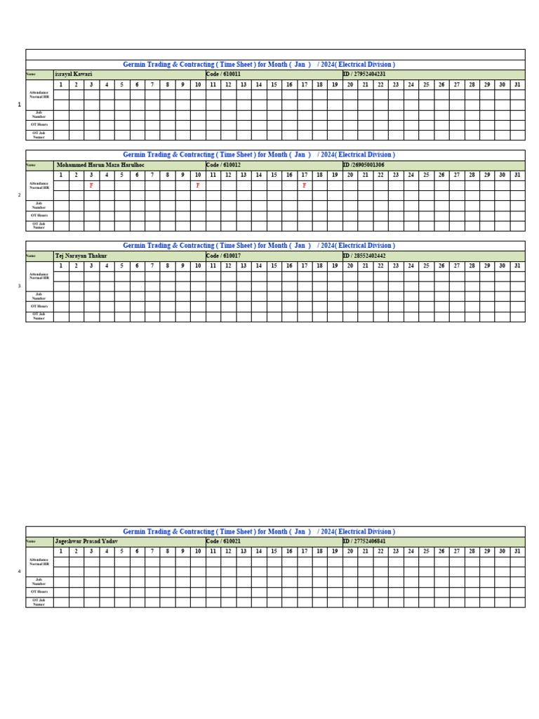 Germin Contracting January 2024 Timesheet | PDF